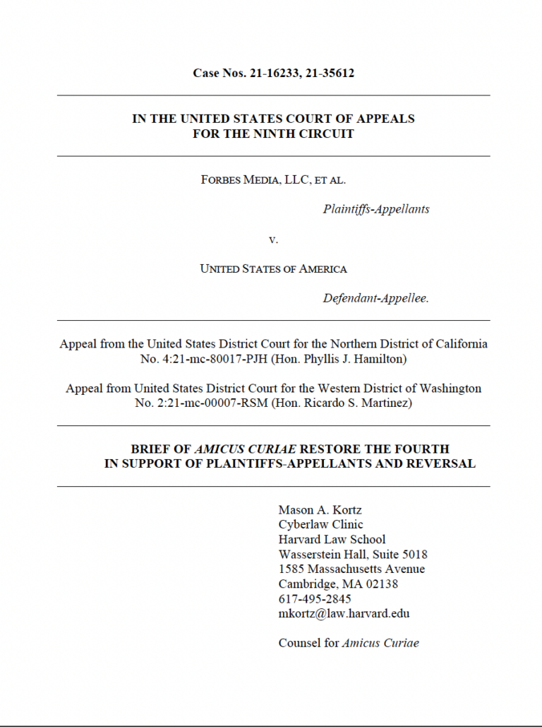Clinic Supports Restore the Fourth, Files Brief re: All Writs Act ...